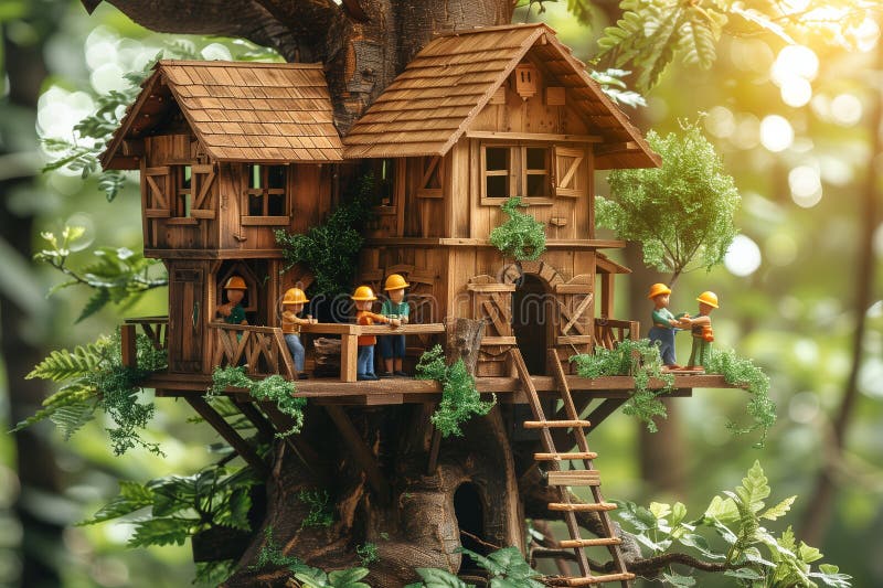 Miniature Workers Constructing a Wooden Treehouse in a Forest Setting ...