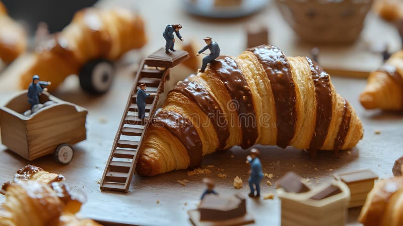 Miniature Workers Decorating Croissants with Chocolate Stock ...