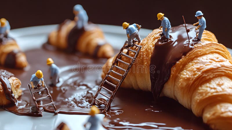 Miniature Workers Decorating Croissants with Chocolate Stock ...