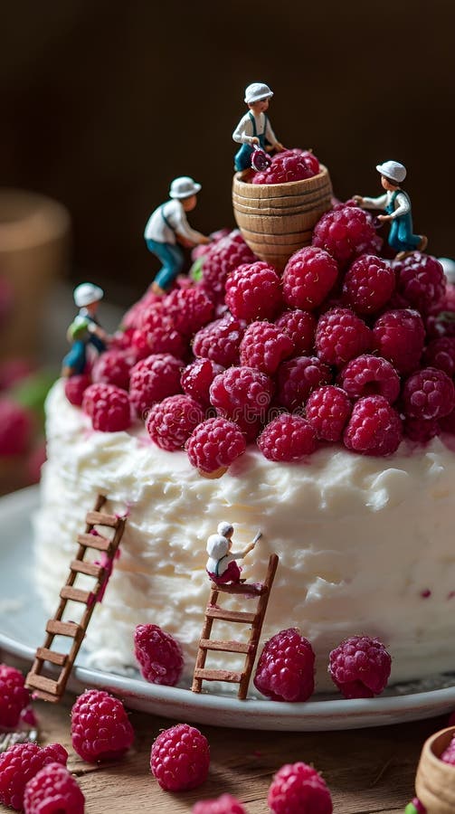Miniature Workers Decorating Raspberry Cake with Cream. Stock ...