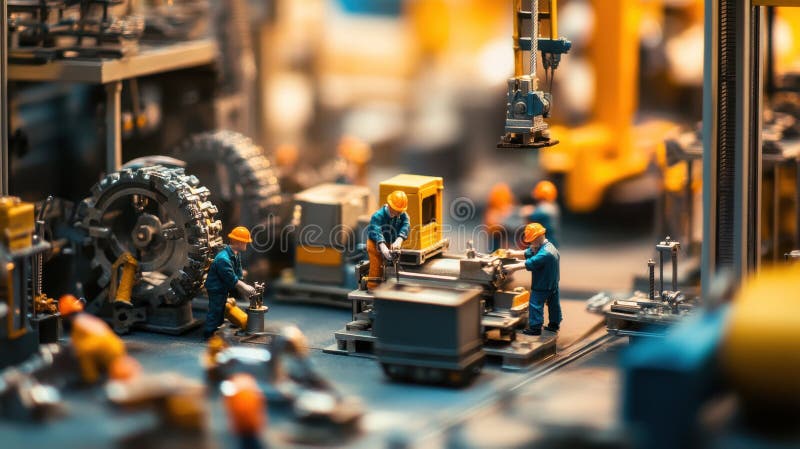 Miniature Workers Engaged in Industrial Production at Factory Scene ...