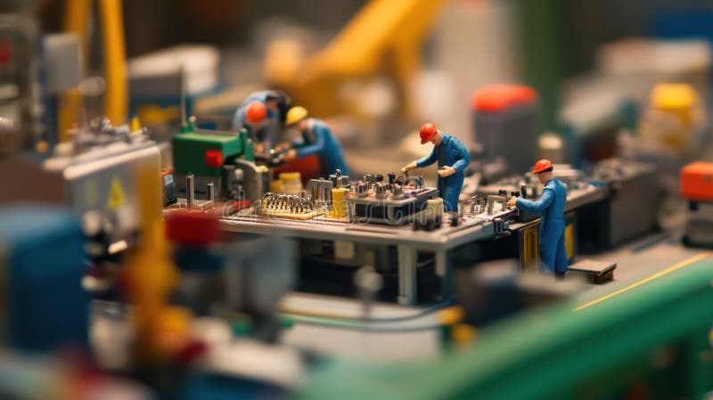 Miniature Workers Engaged in Precision Manufacturing Process Details ...