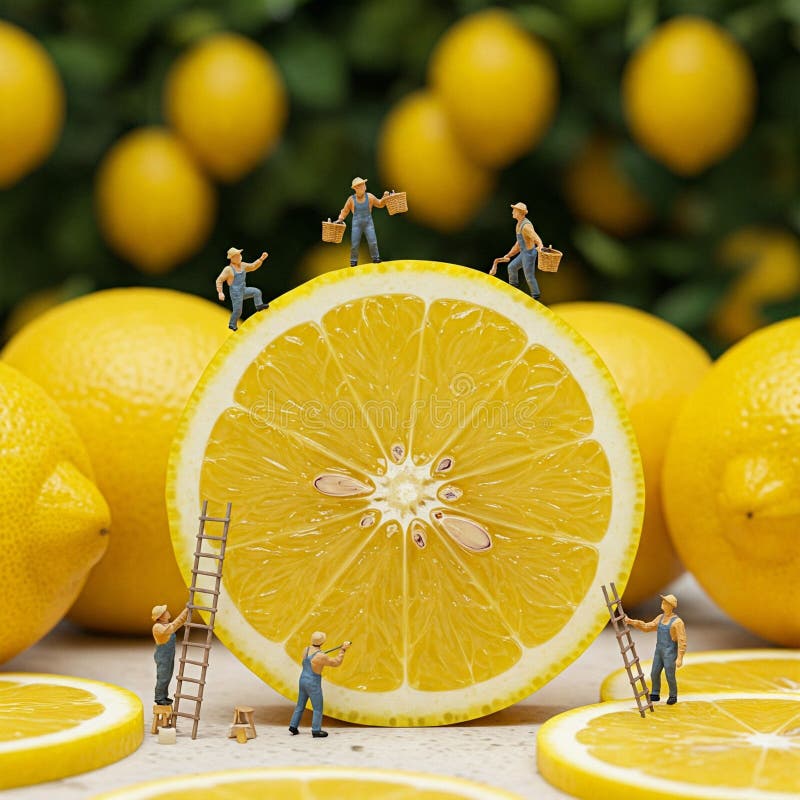 Miniature Workers on Giant Lemon Stock Illustration - Illustration of ...