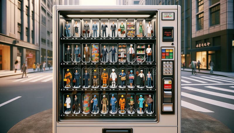 Miniature Workers for Hire in a Vending Machine, Showcasing Job Market ...