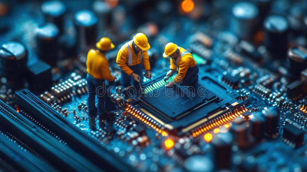 Miniature Workers Installing Microprocessor on Circuit Board for ...