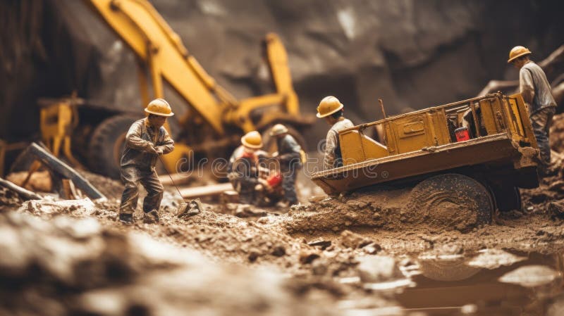 Miniature Workers and Machinery on a Construction Site Stock ...