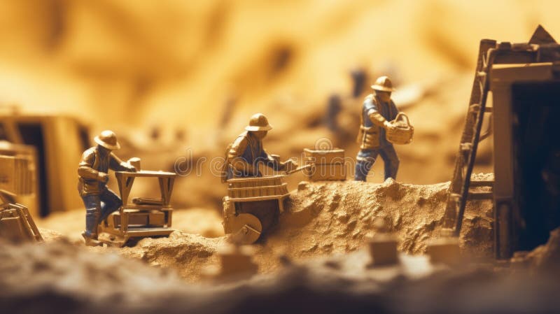 Miniature Workers and Machinery on a Construction Site Stock ...
