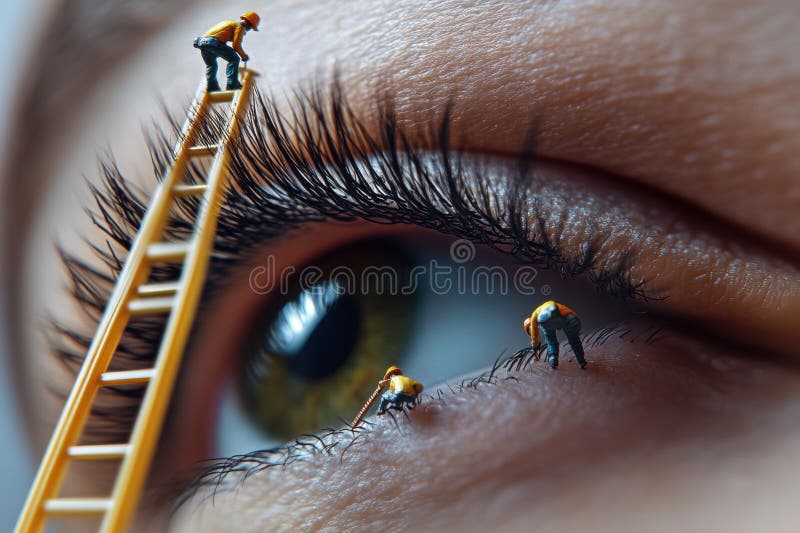 Miniature Workers Maintaining Eyelashes on a Giant Eye Stock Photo ...