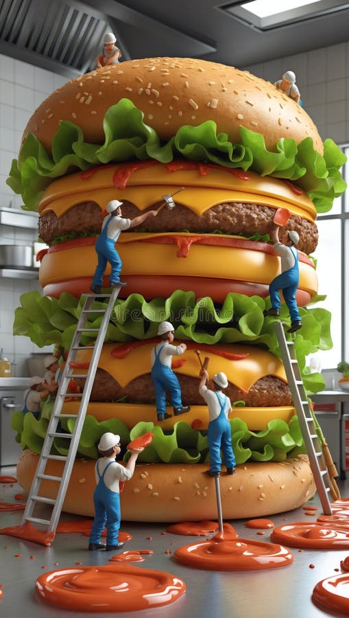 Miniature Workers Meticulously Assemble a Colossal Burger with Fresh ...
