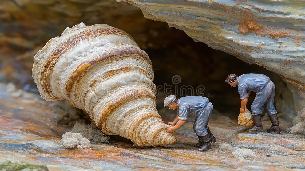 Miniature Workers Moving Giant Seashell in Coastal Cave Stock Photo ...