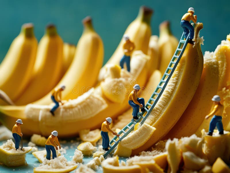 Miniature Workers Navigate Ladders on Bananas: Artistic Whimsy in Sugar ...