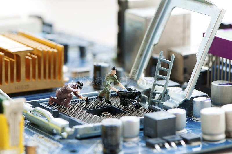 Miniature Workers Repairing a Processor Stock Image - Image of workers ...