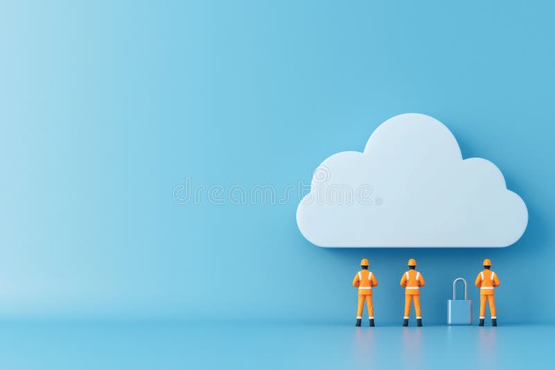 Miniature Workers Securing Cloud with Lock, Symbolizing Data Protection ...