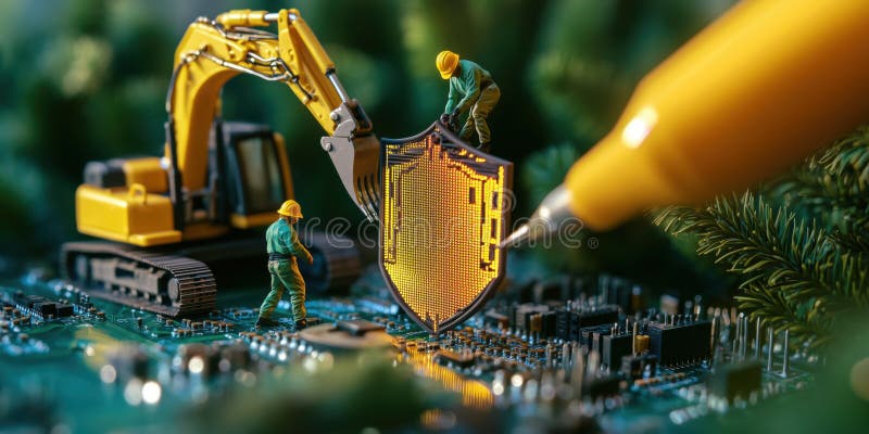 Miniature Workers Securing Shield on Circuit Board with Construction ...
