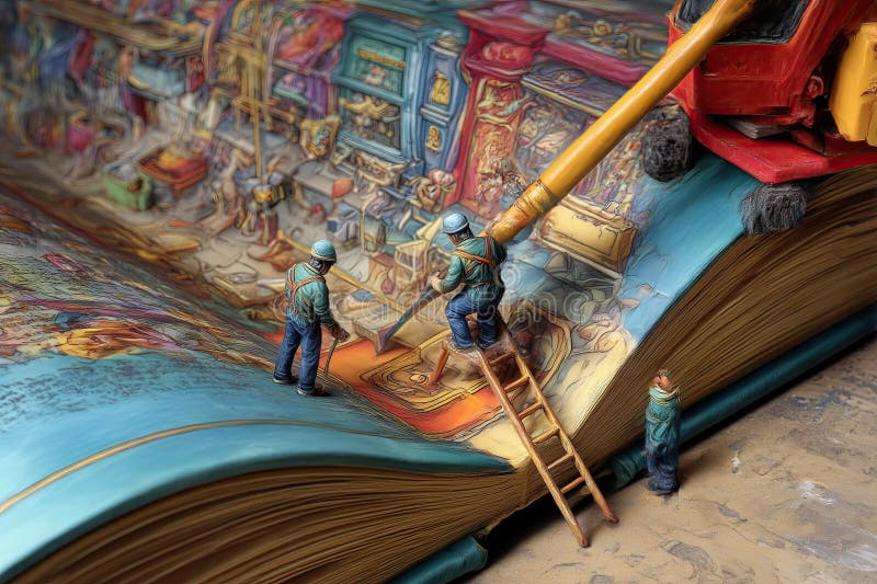 Miniature Workers Tiny Artists Painting a Mural on a Giant Book Stock ...