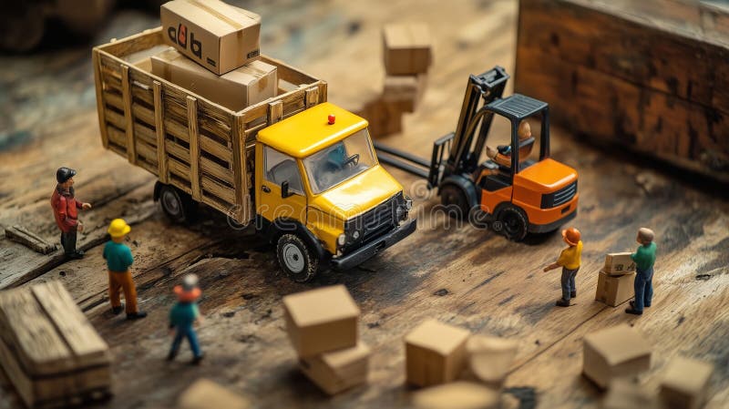 Miniature Workers Unloading Packages from a Truck in a Warehouse Stock ...
