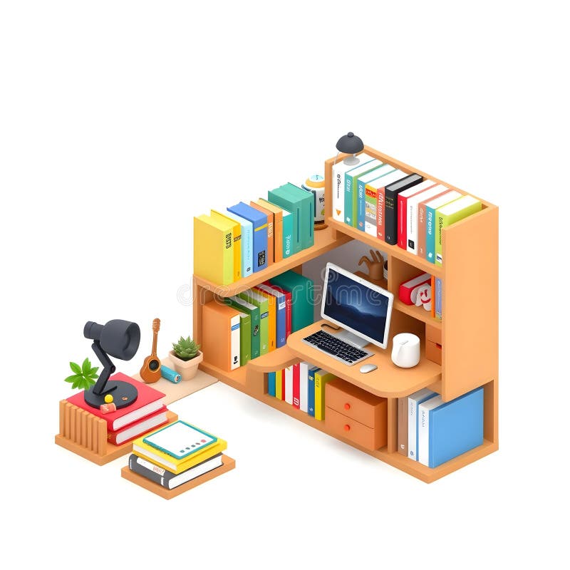 A Miniature Workspace Features Books Lamp Computer and Small Decorative ...