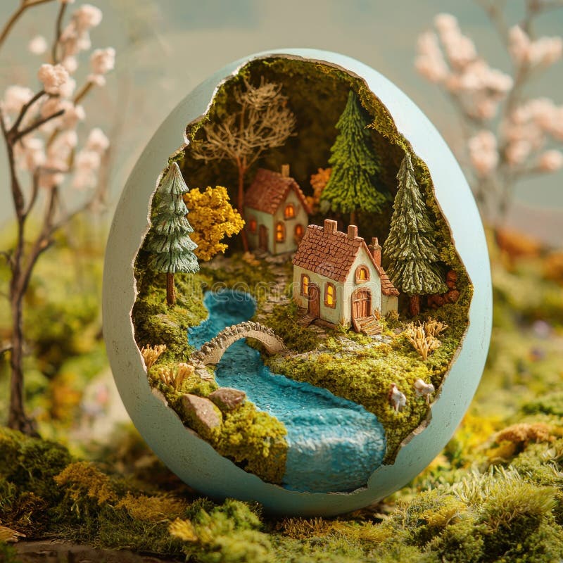 Miniature World Inside Easter Egg with Scenic Village and Nature Stock ...