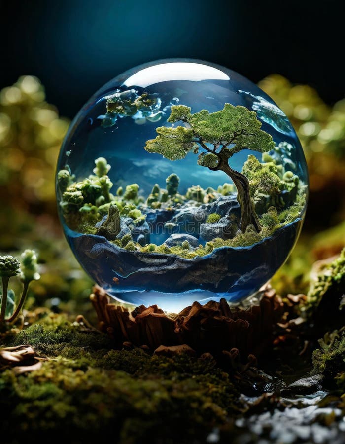 Miniature World Inside a Glass Sphere with Tree and Greenery Stock ...