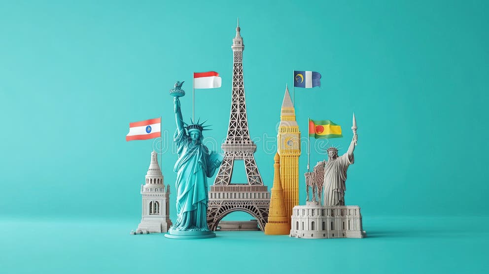 Miniature World Landmarks with Flags on Teal Background Stock Image ...