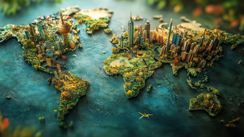 A Miniature World Map with Cities Symbolizing Global Connectivity Urban ...