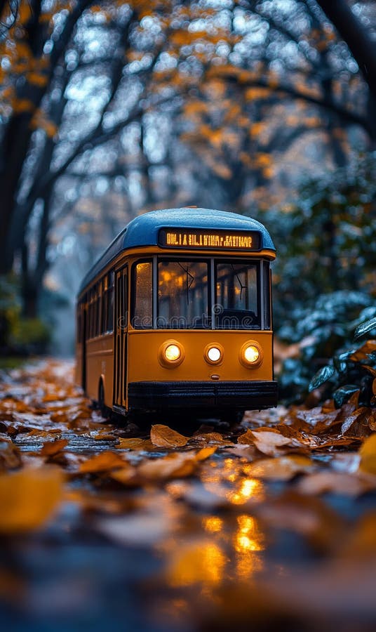 Miniature Yellow Bus Navigating through Autumn Leaves in a Quiet Park ...