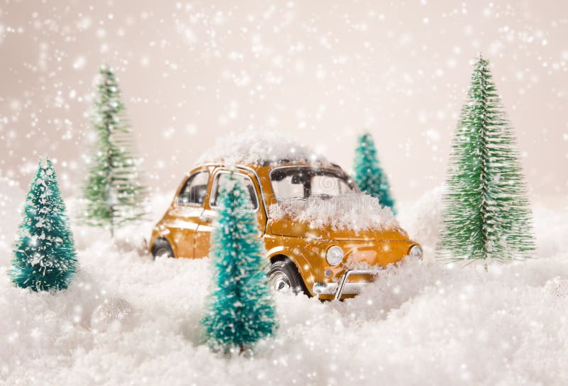 Miniature Yellow Car with Spruce Trees Stock Image - Image of editorial ...