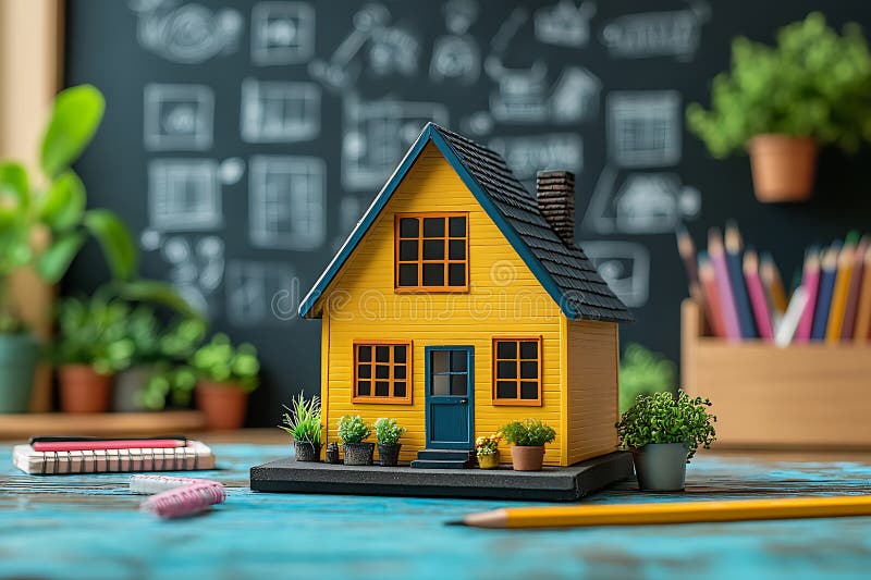 Miniature Yellow House Model with Plants, Pencil, Chalkboard, on Rustic ...