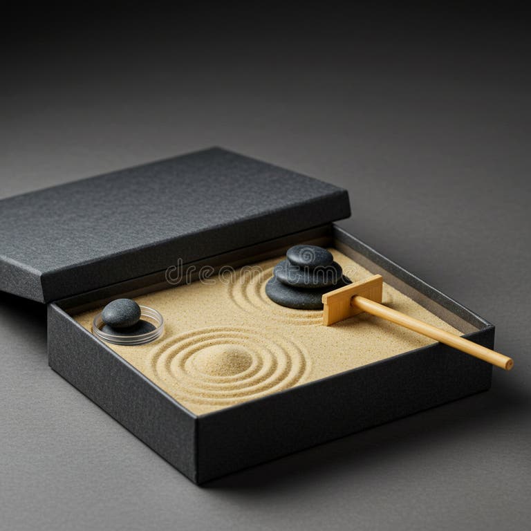 A Miniature Zen Garden Features a Rectangular Black Box Filled with ...