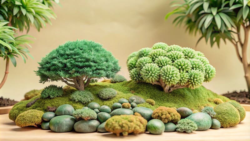 Miniature Zen Garden with Green Moss, Rocks, and Small Trees Stock ...