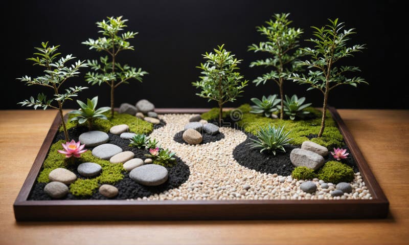 A Miniature Zen Garden with Small Trees, Rocks, and Moss, Designed To ...