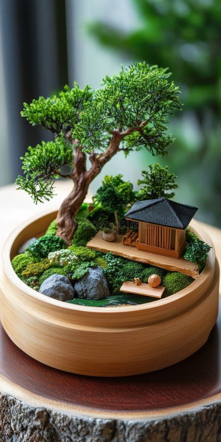Miniature Zen Garden with Tree and Tiny House in Decorative Bowl Stock ...