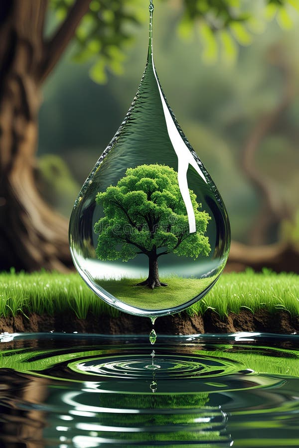 Miniaturized Natural Landscape in Transparent Water Drop with Green ...