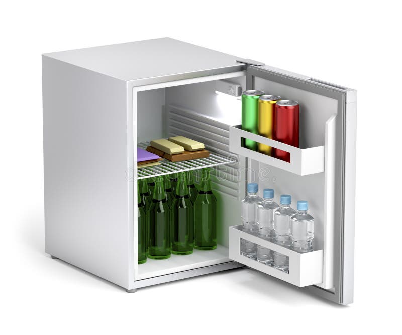 Minibar Refrigerator with Drinks and Snacks Stock Photo - Illustration ...