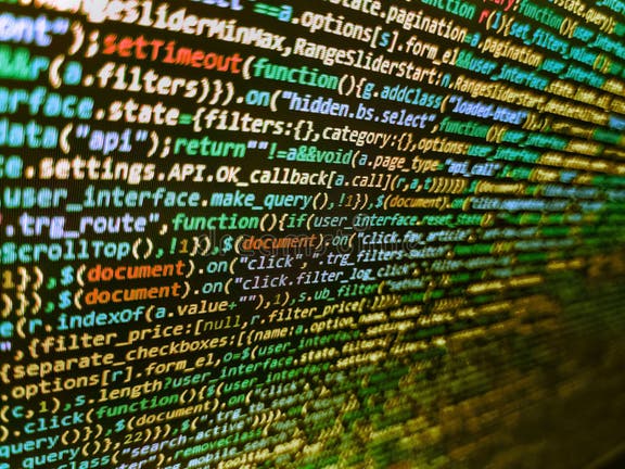 Minificated Web Development Javascript Code Close Up in Sunset Rays. Modern Web Development ...