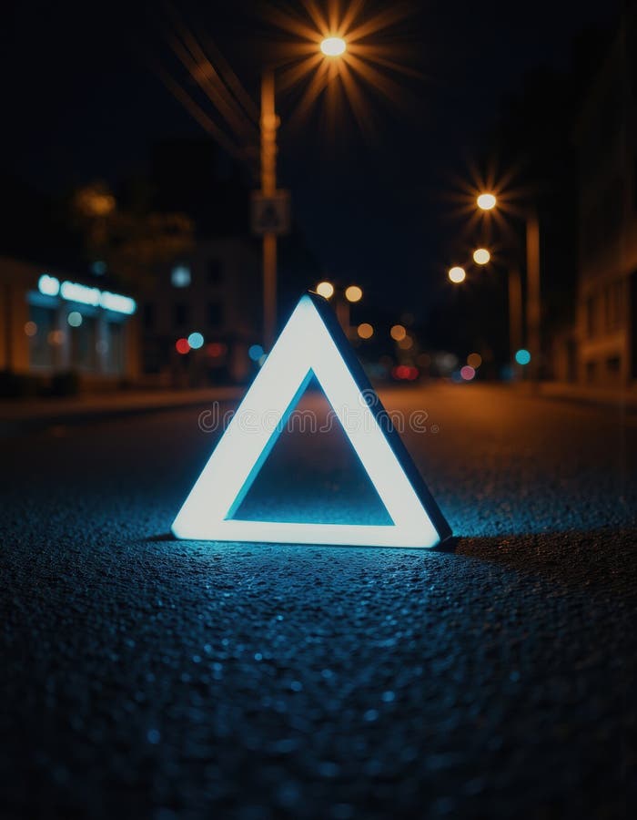 Minimal Abstract Triangular Light Pattern Glowing on Asphalt at Night ...