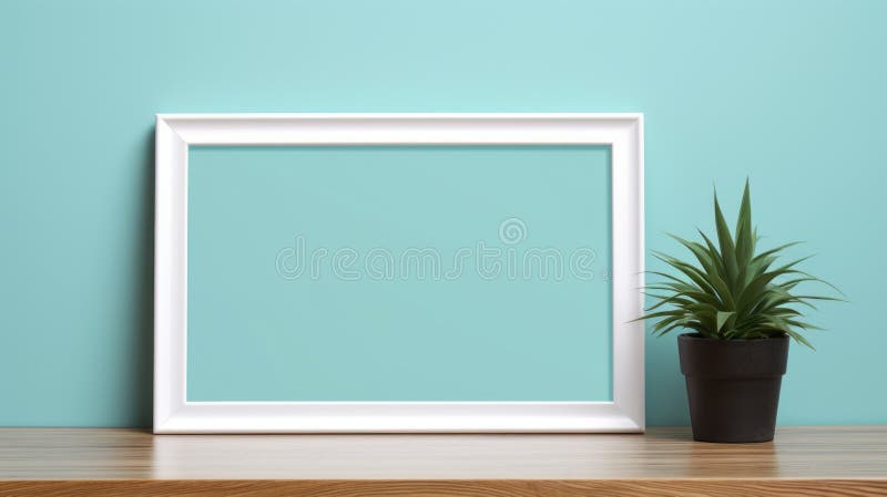 Minimal Aqua Frame Mockup on Wooden Table Stock Illustration ...
