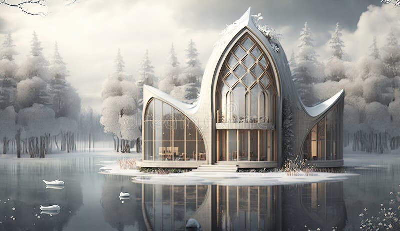 Minimal Architecture Bangalow on a Frozen Lake and Trees Stock ...