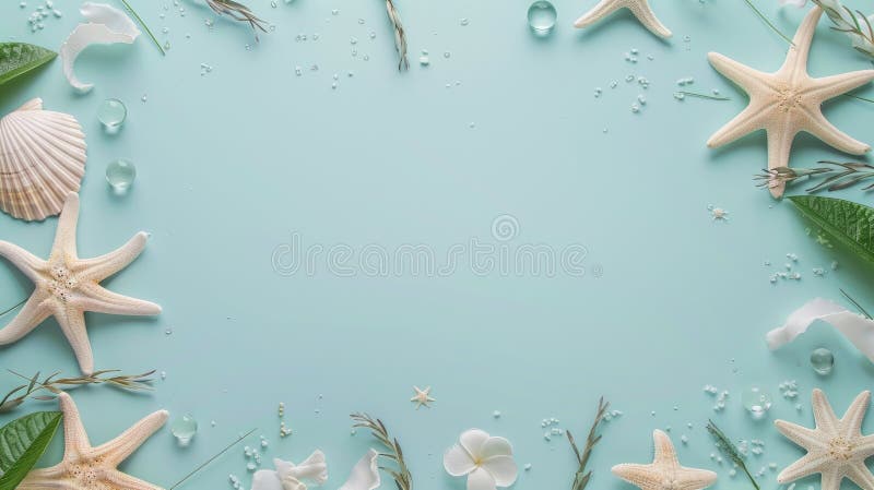 Minimal Beach Theme Flat Lay with Starfish and Shells on Blue ...