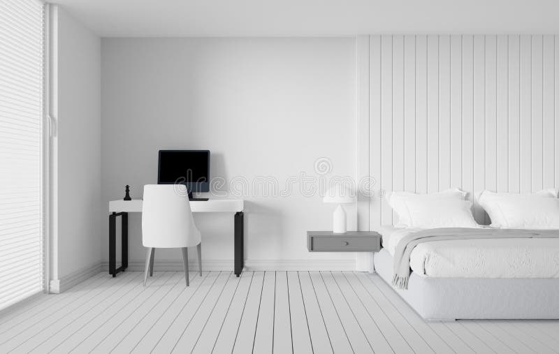 Minimal Bedroom and Workspace Interior 3d Render White Room Style Stock ...