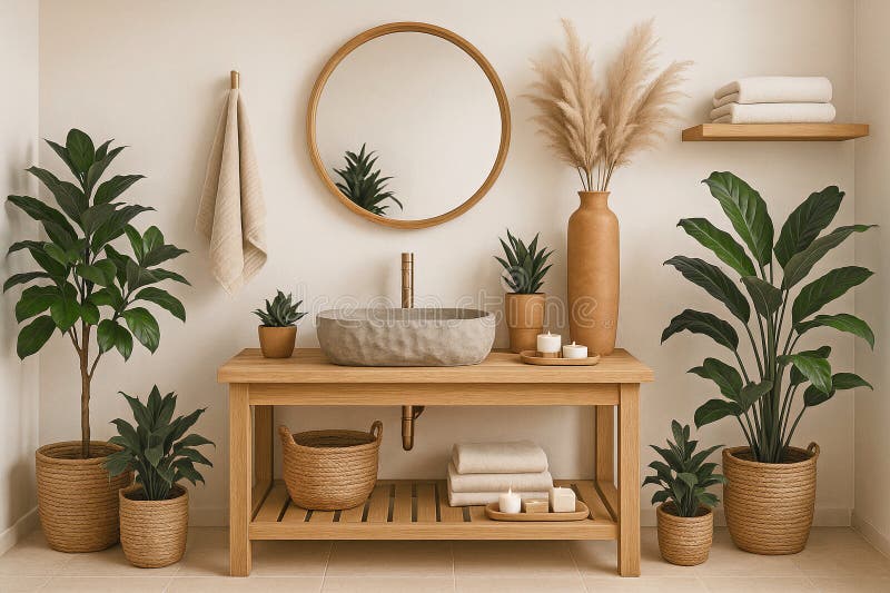 Minimal Boho Vanity with Wood Textures and Soft Natural Light Stock ...