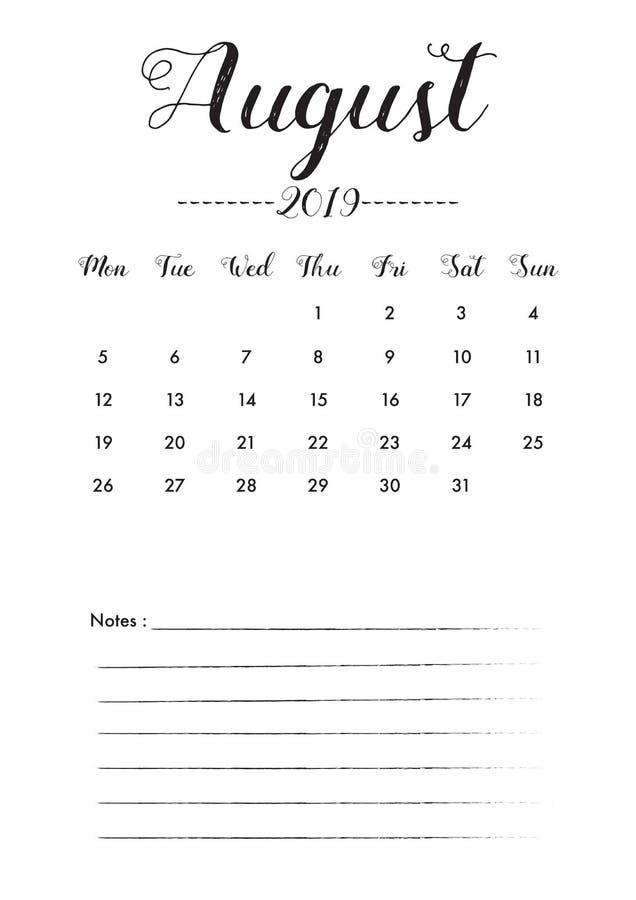 Minimal Calendar Design for August of 2019 with Notes Space Stock ...