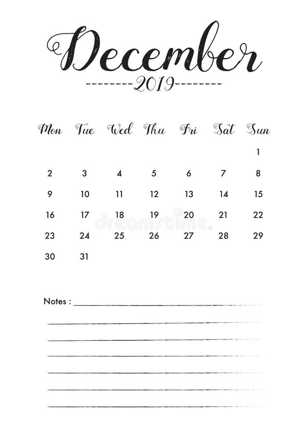 Minimal Calendar Design for December of 2019 with Notes Space Stock ...