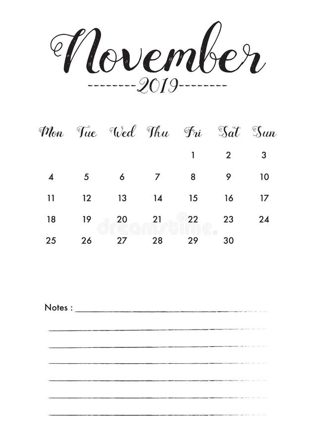 Minimal Calendar Design for November of 2019 with Notes Space Stock ...