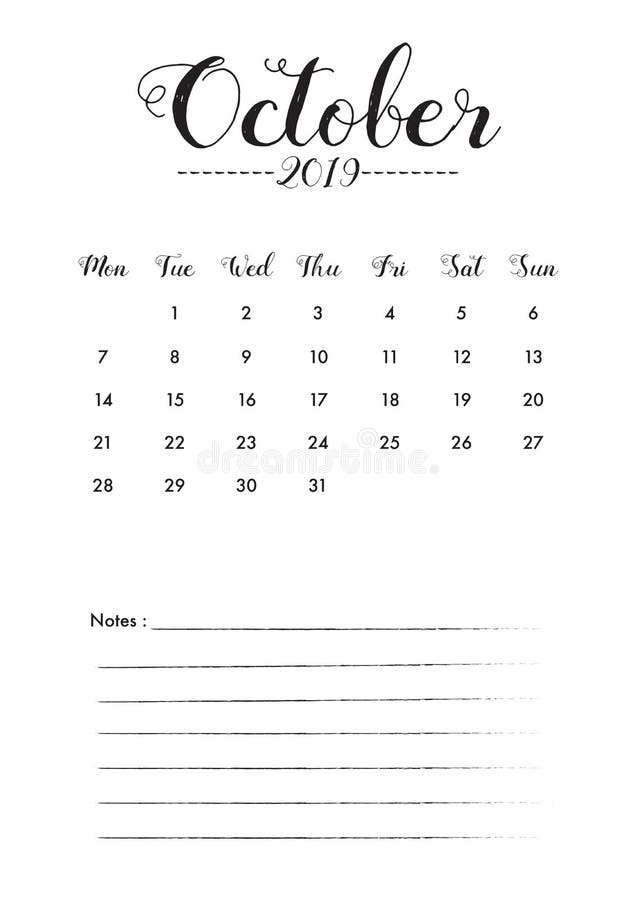 Minimal Calendar Design for October of 2019 with Notes Space Stock ...