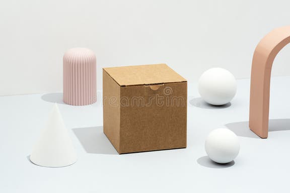 Minimal Cardboard Box Mock-Up with Geometric Objects on Soft Pastel ...