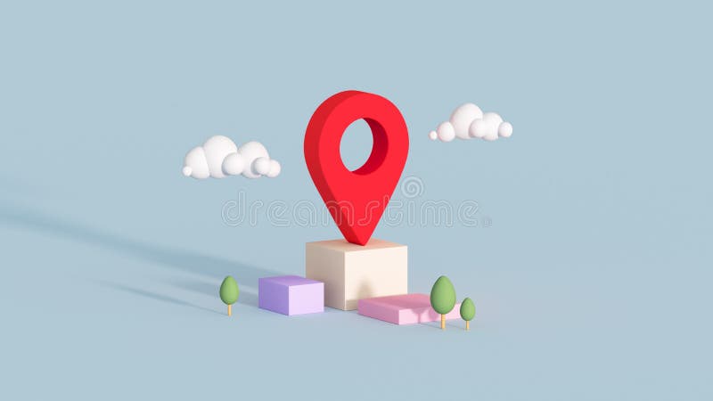 Minimal Cartoon Style Buildings and Map Pin 3D Render Illustration ...