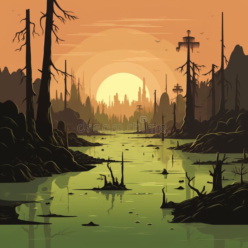 Minimal Cartoon Swamp: Post-apocalyptic Landscape with Psychedelic ...