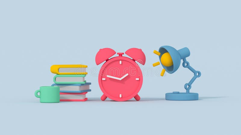 Minimal Cartoony Books and Clock 3D Render Illustration Stock ...