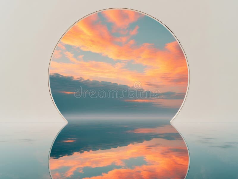 Minimal Circle Frame with Beautiful Sky Sunset and Mirror Reflection in ...